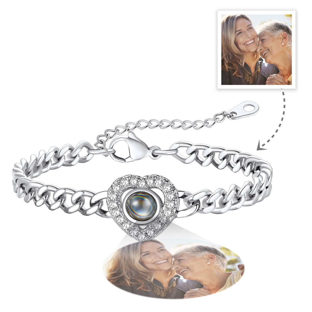 Custom CZ Heart Charm Photo Projection Bracelet Cuban Chain Bracelet ...